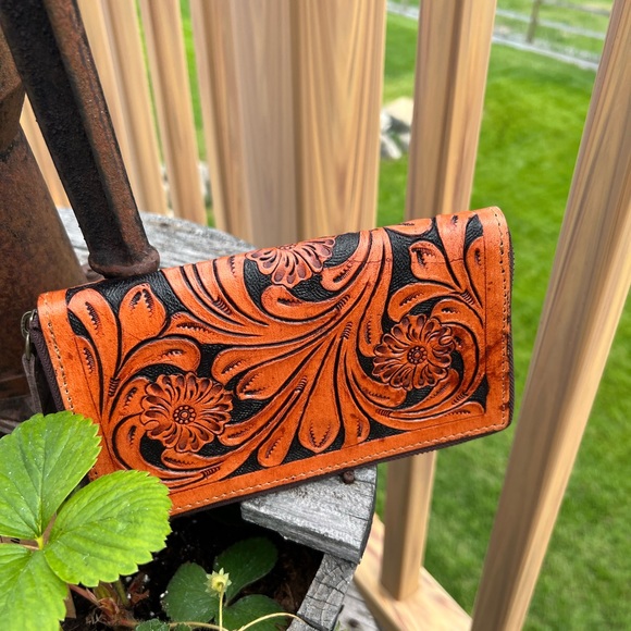 Handmade | Bags | Fall Floral Brown Tooled Leather Floral Zip Wallet ...
